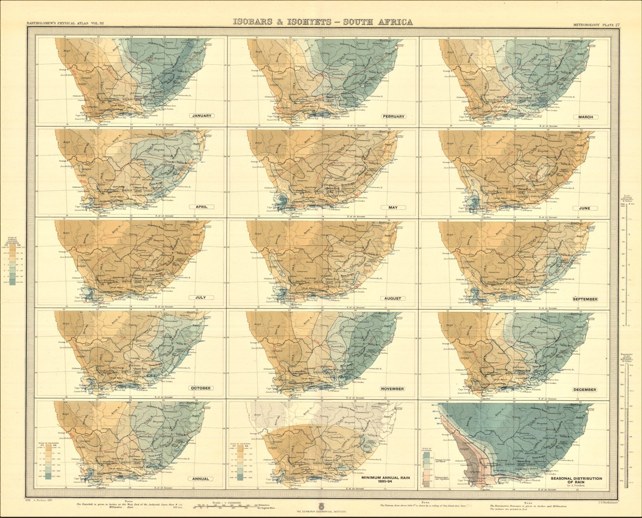 Isobars & Isohyets - South Africa by Bartholomew, J.G.: (1899) | Sergio ...