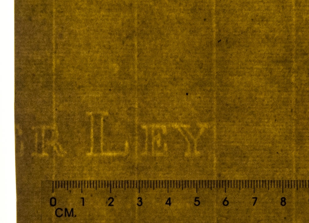 Sheet of blank laid paper with (part) watermark van der Ley and figure ...