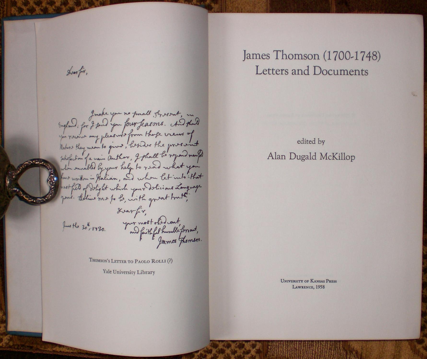 James Thomson (1700-1748): Letters and Documents. Edited by Alan Dugald ...