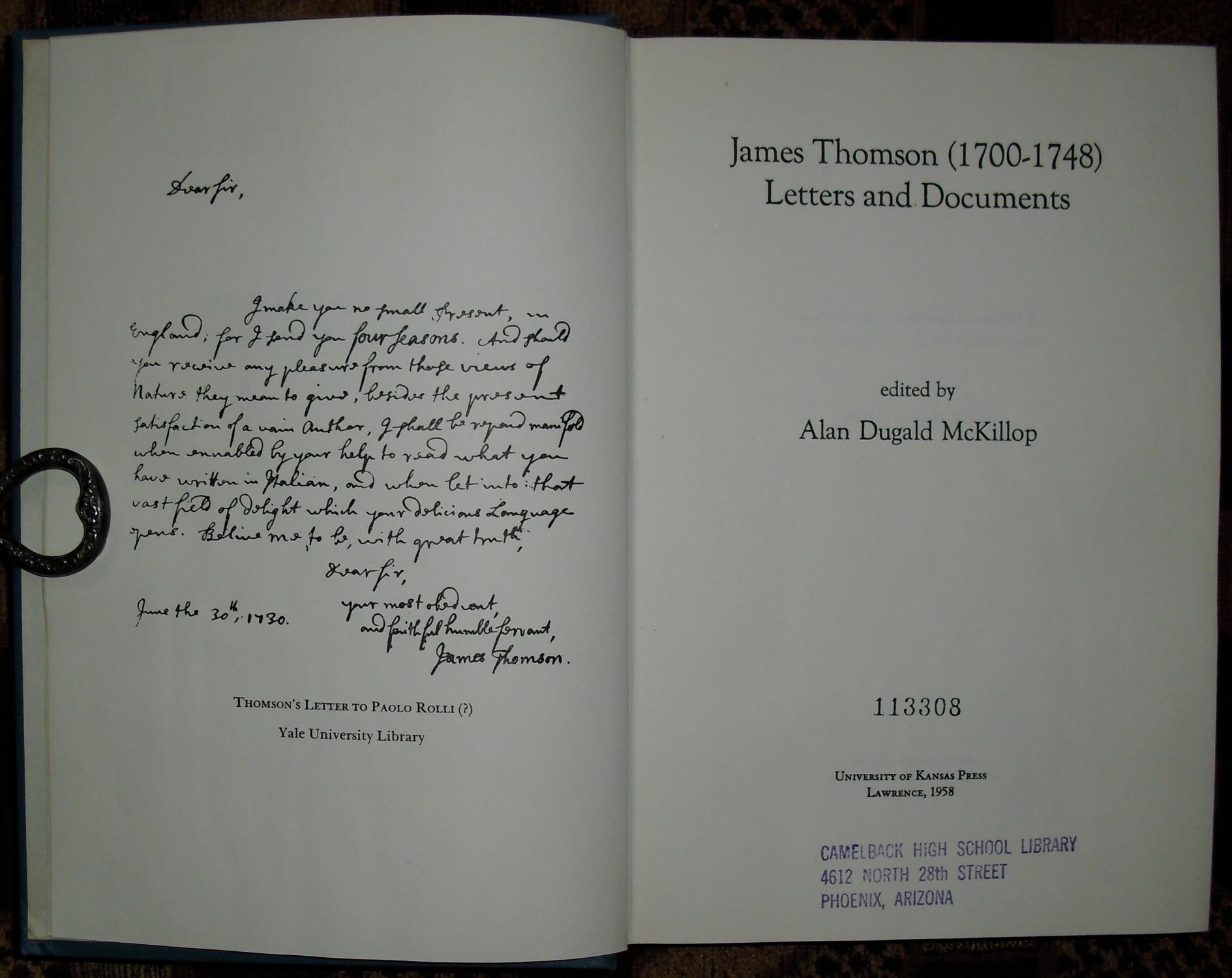 James Thomson (1700-1748): Letters and Documents. Edited by Alan Dugald ...