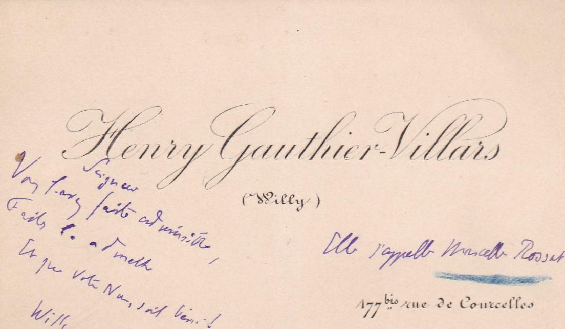 Carte autographe signée by Henry Gauthier-Villars dit Willy (1859-1931 ...