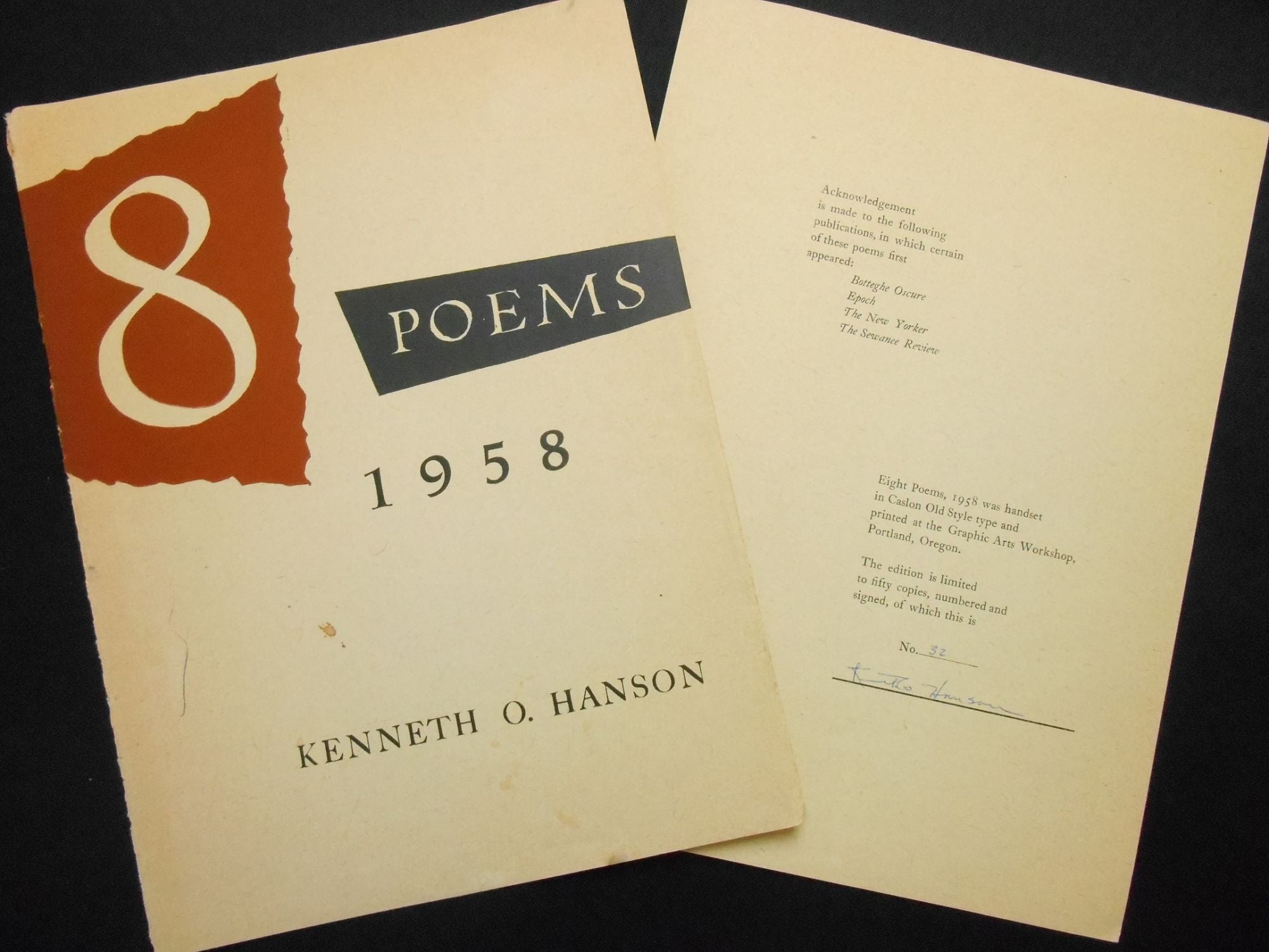 Eight Poems, 1958 [8 Poems] by Hanson, Kenneth O.: Very good No binding ...