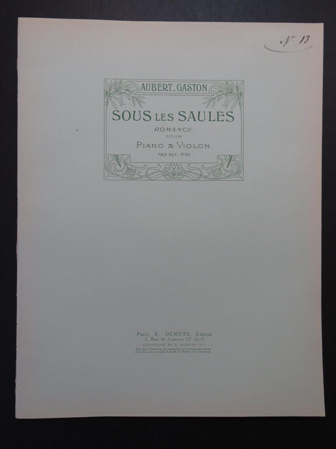 AUBERT Gaston Sous les Saules Violon Piano 1915 by AUBERT Gaston Sous ...