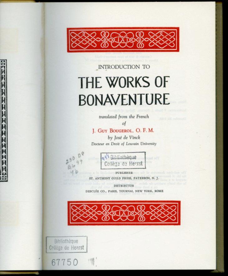 Introduction to The Works of Bonaventure by J. Guy Bougerol, O. F. M ...