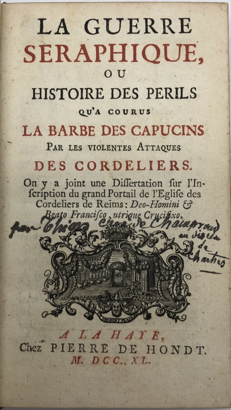 La Guerre séraphique. ou Histoire des périls qu'a couru [sic] la barbe ...