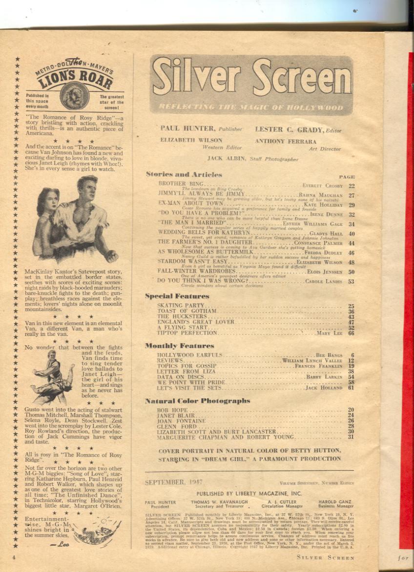 Silver Screen-Betty Hutton-Carole Landis-Irene Dunne-Bing Crosby-Sept ...