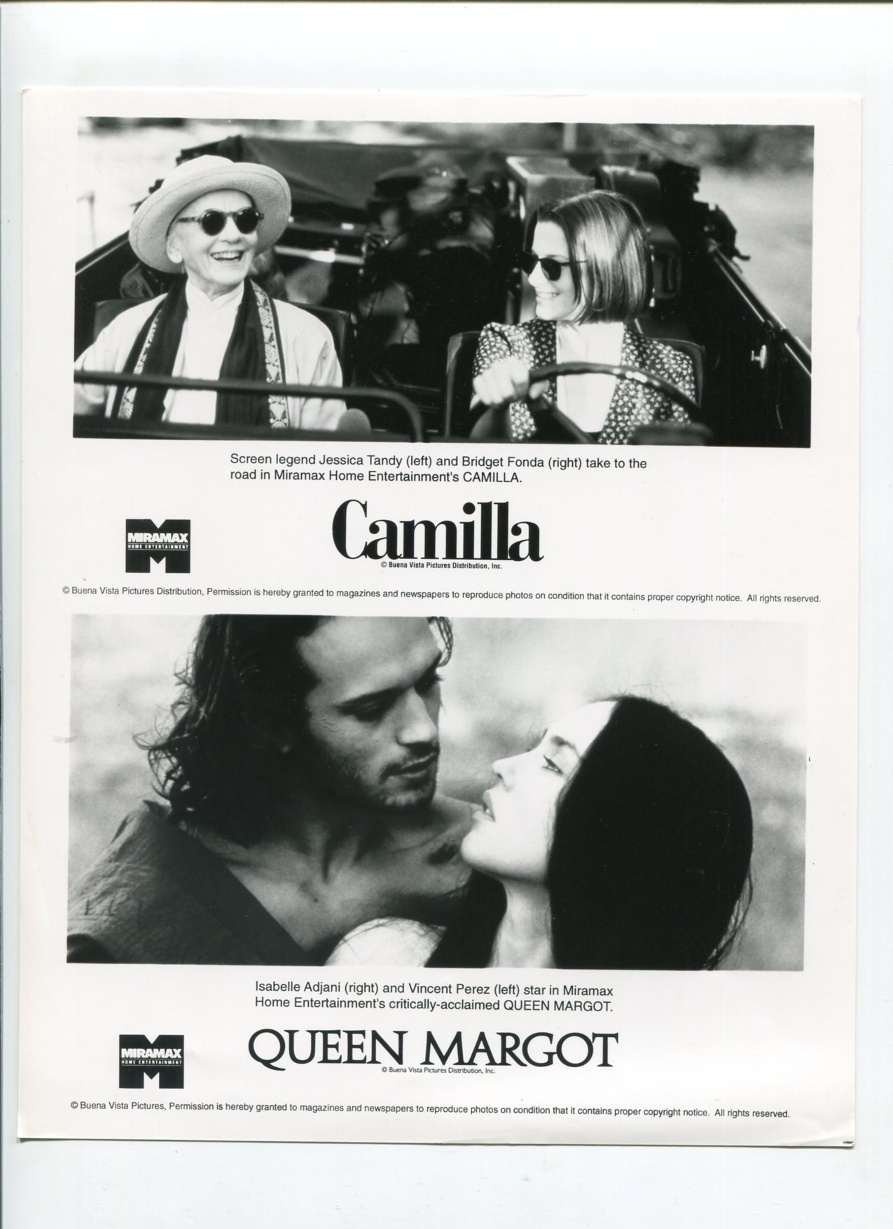 Camilla and Queen Margot-Jessica Tandy and Bridget Fonda-8x10-B&W-Still ...