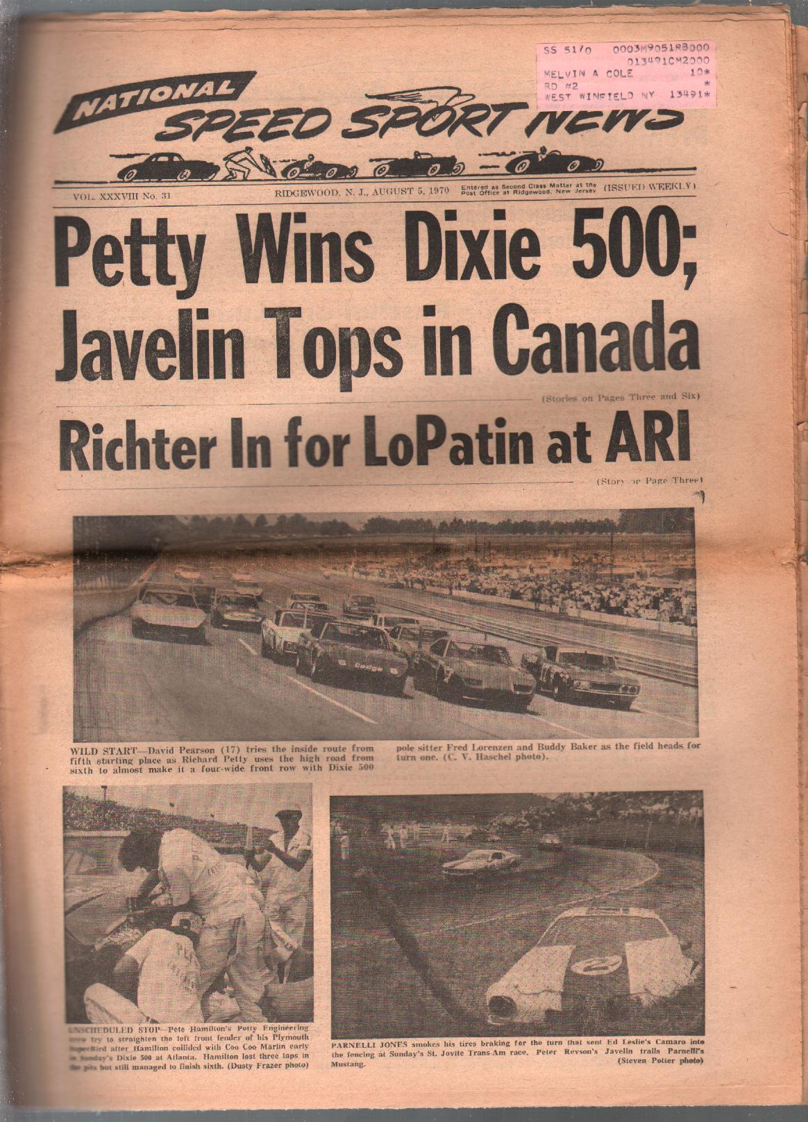National Speed Sport News-Auto Race Newspaper 8/5/1970-NASCAR-USAC-VG ...