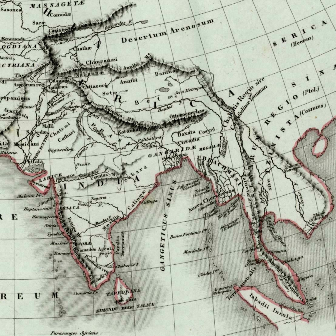 Ancient Asia Arabia India Southeast Asia Nile source c.1840 antique map ...