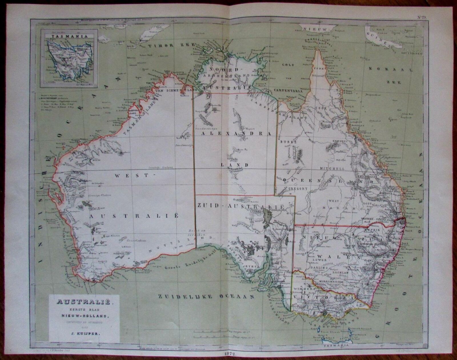 1872 Australia old lithographed outline hand color map: (1872) Mapa ...