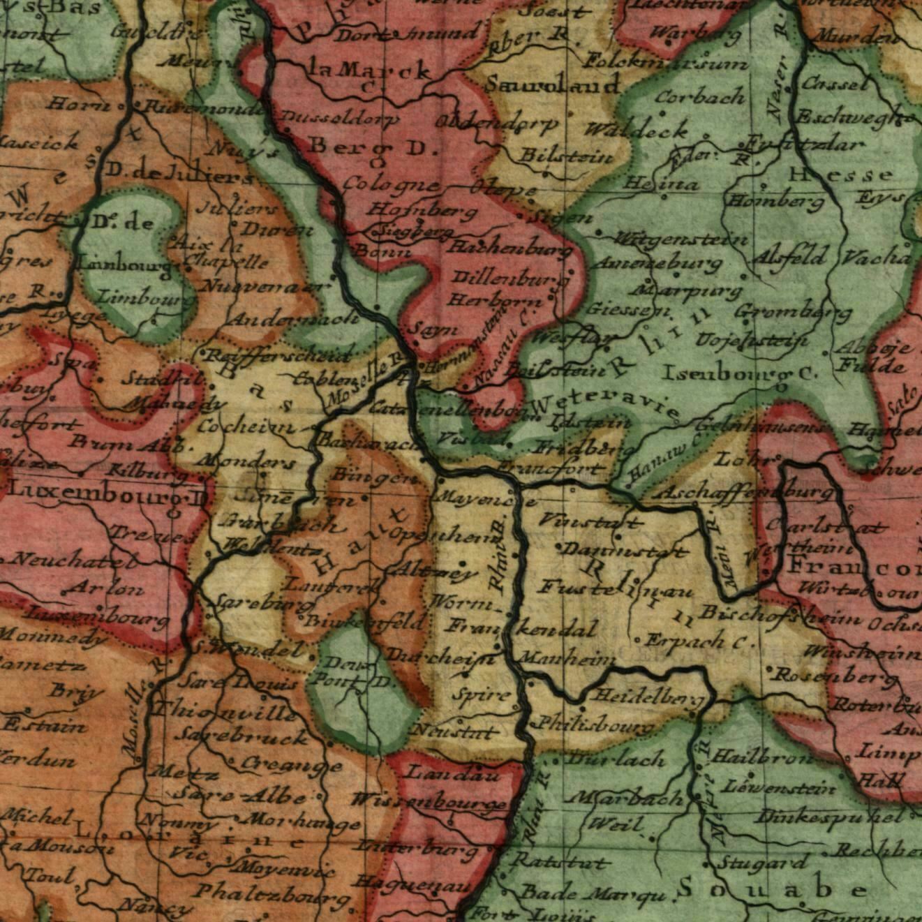 Germany Rhine Circles Upper Lower Europe 1714 de Fer? antique miniature ...