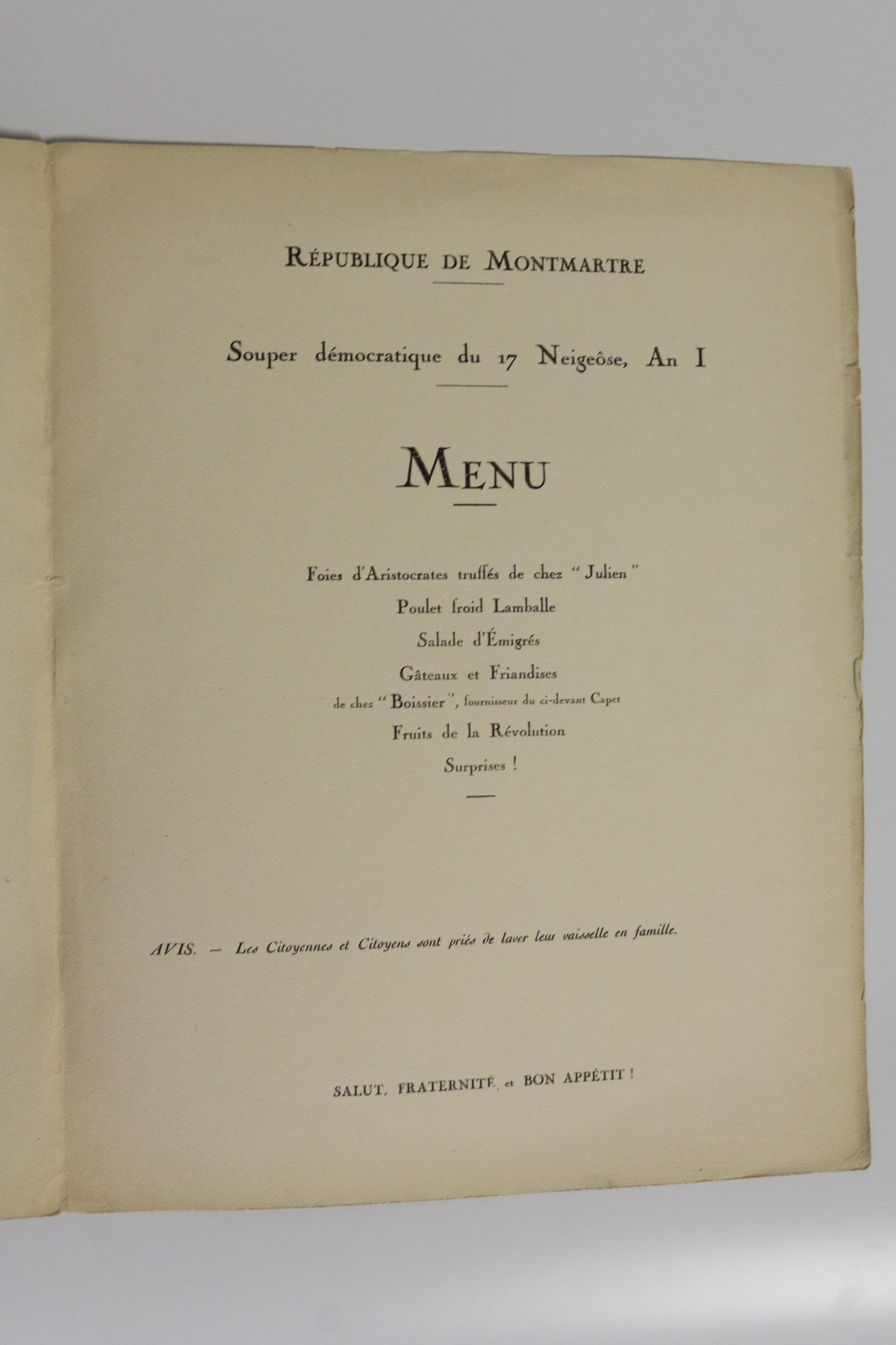 République de Montmartre - Menu du souper démocratique du 17 Neigeôse ...
