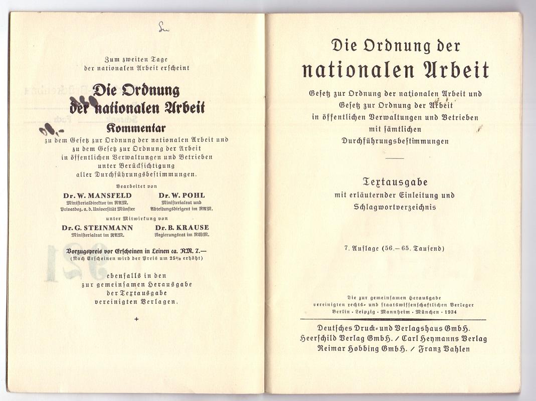 Die Ordnung der nationalen Arbeit. Gesetz zur Ordnung der nationalen ...