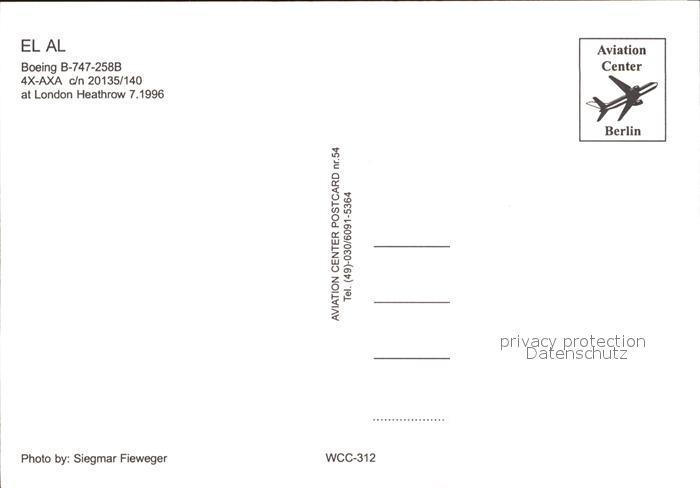 Postkarte Carte Postale Flugzeuge Zivil EL AL Boeing B-747-258B 4X-AXA ...