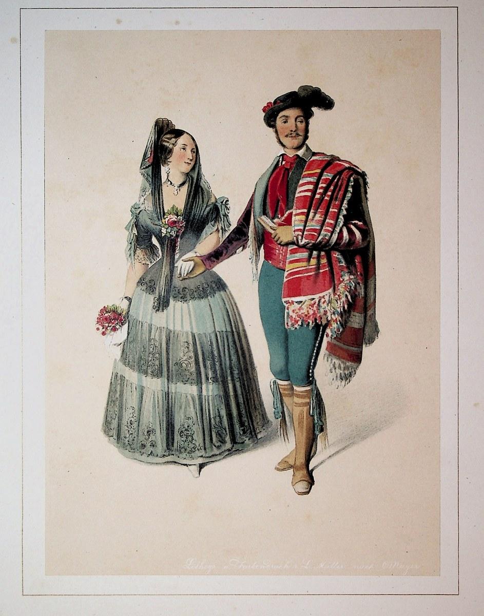 Festetics / Croy Doppelporträt Kostümbildnisse Farblithographie von ...