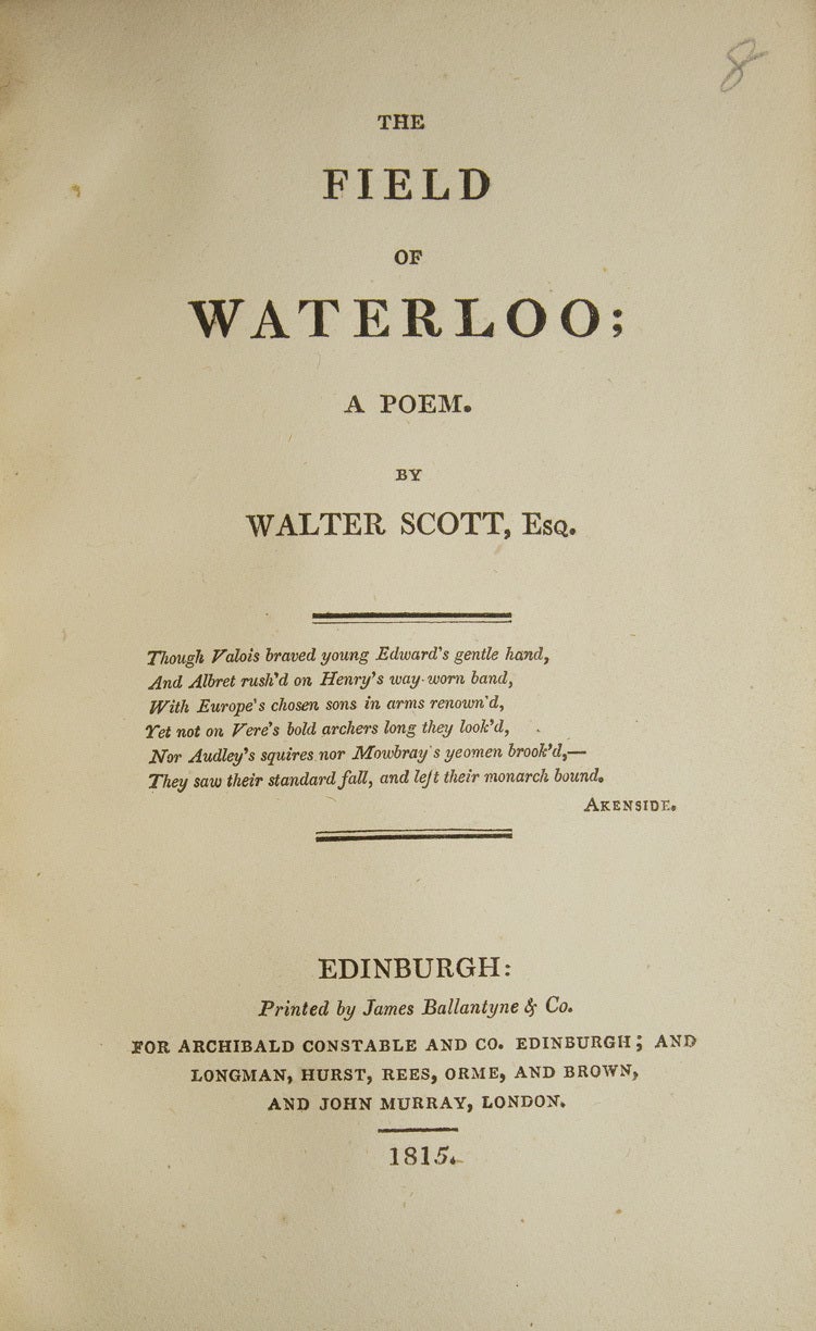 The Field of Waterloo; a Poem by Scott, Walter: 54pp. 1 vols. 8vo (1815 ...