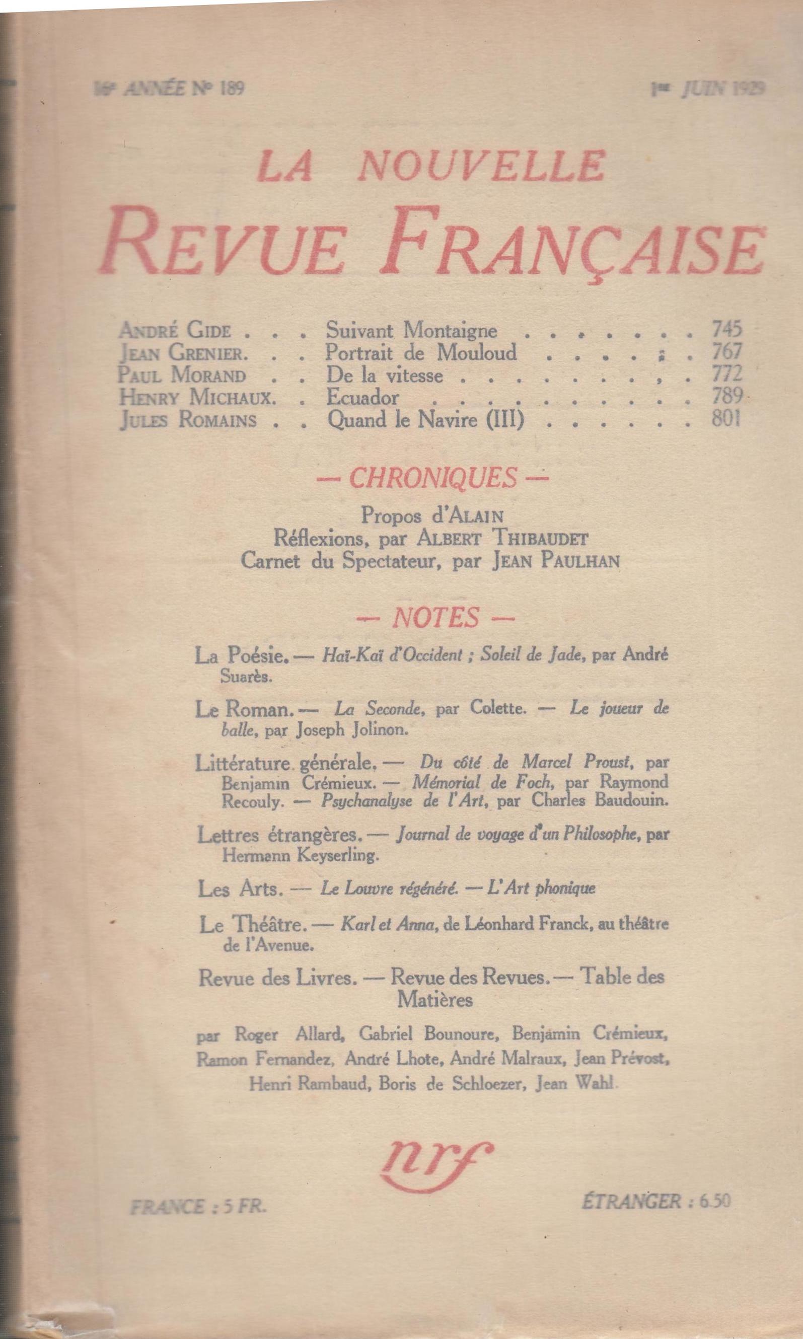 La Nouvelle Revue Française - 16e année - N° 189 - 1er Juin 1929. by ...
