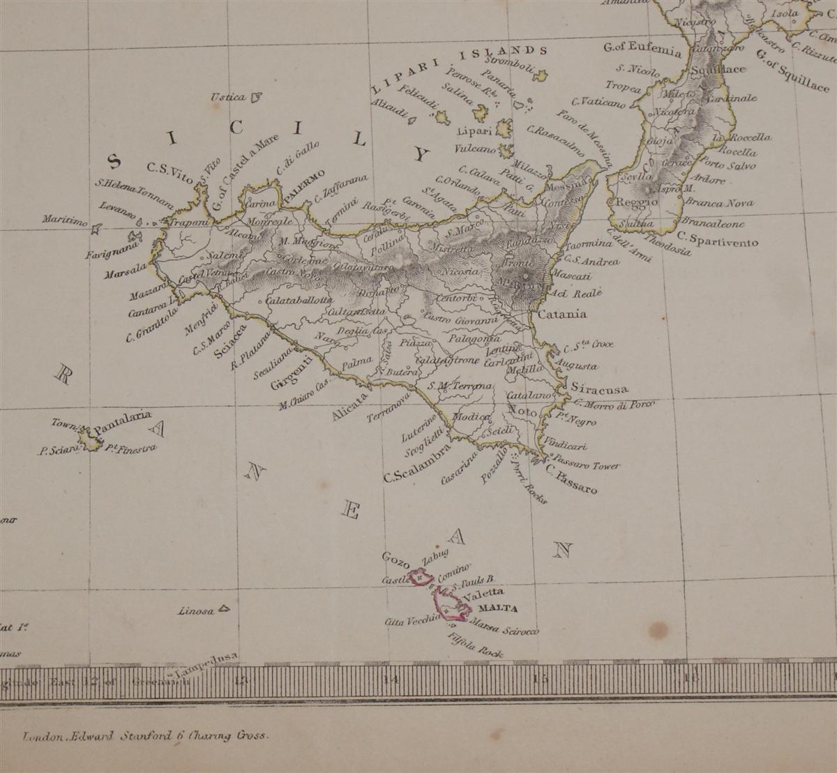Map of Italy including Sicily, Malta, Sardinia, Corsica etc. - disbound ...