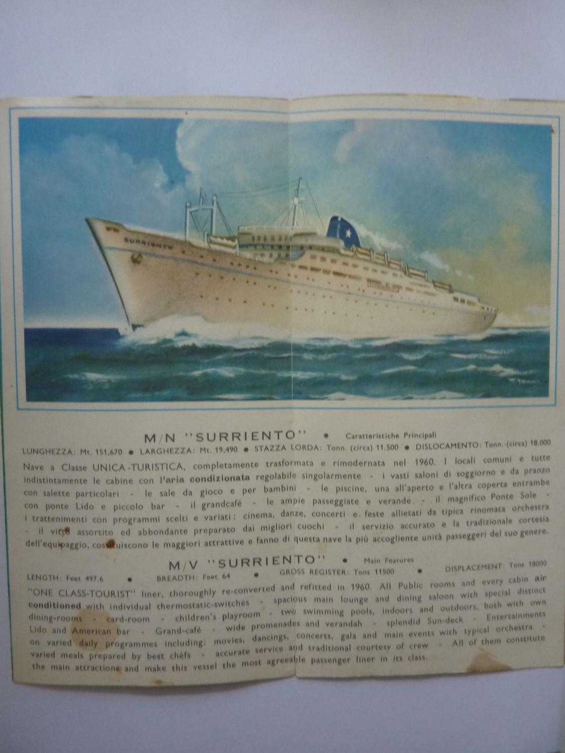 M/N SURRIENTO FLOTTA LAURO by AA.VV.: ottimo senza rilegatura (1960 ...