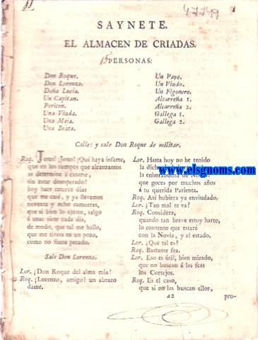 Saynete. El Almacen de Criadas. Personas. Don Roque. Don Lorenzo. Doña ...