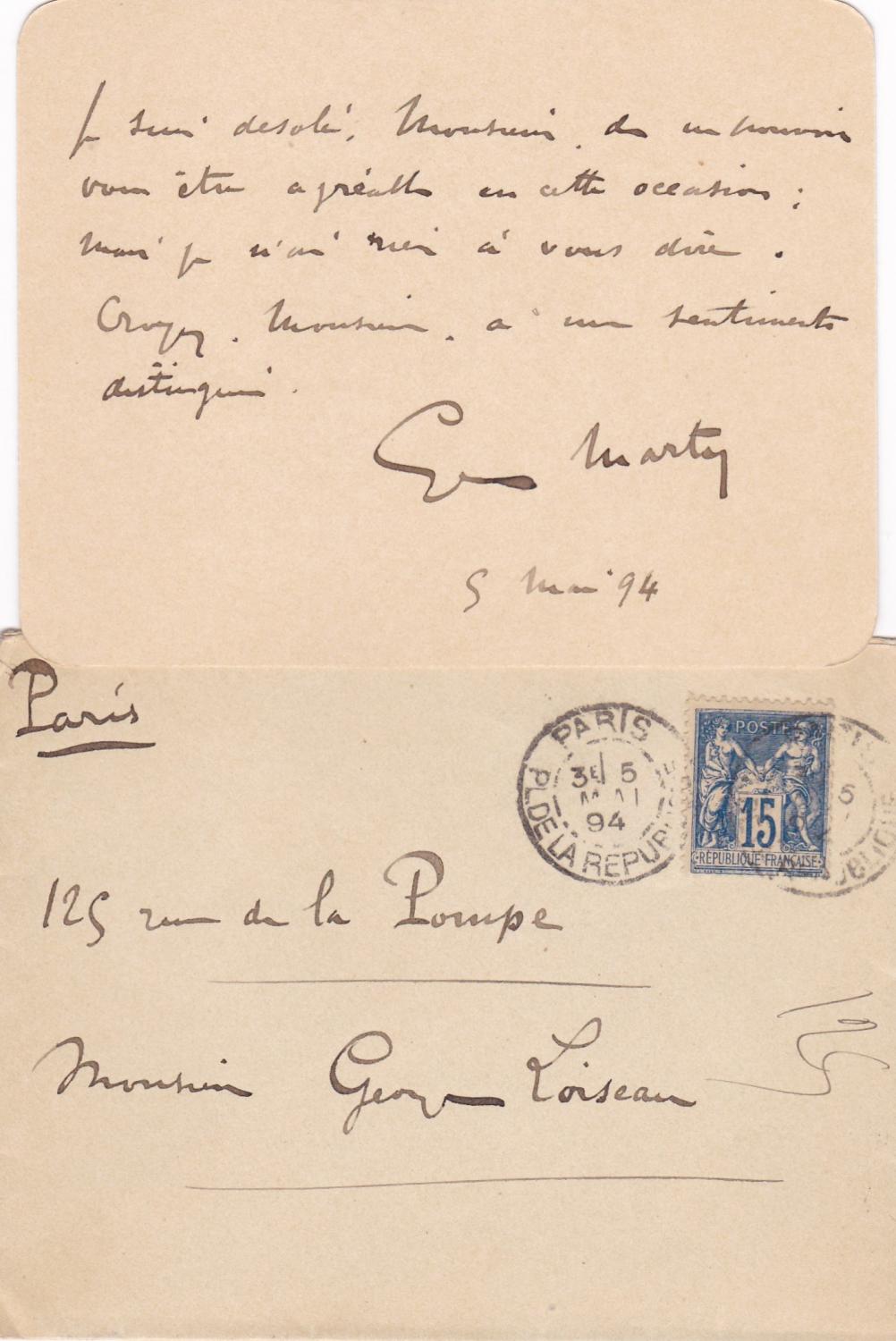 Lettre autographe signée by Georges Marty (1860-1908), compositeur ...