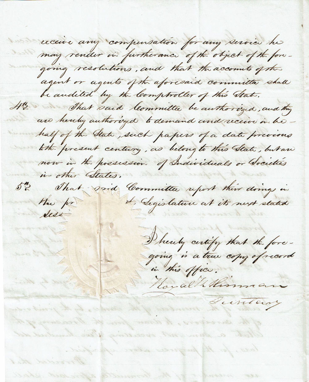 HOLOGRAPH DOCUMENT SIGNED by ROYAL HINMAN as SECRETARY OF STATE ...