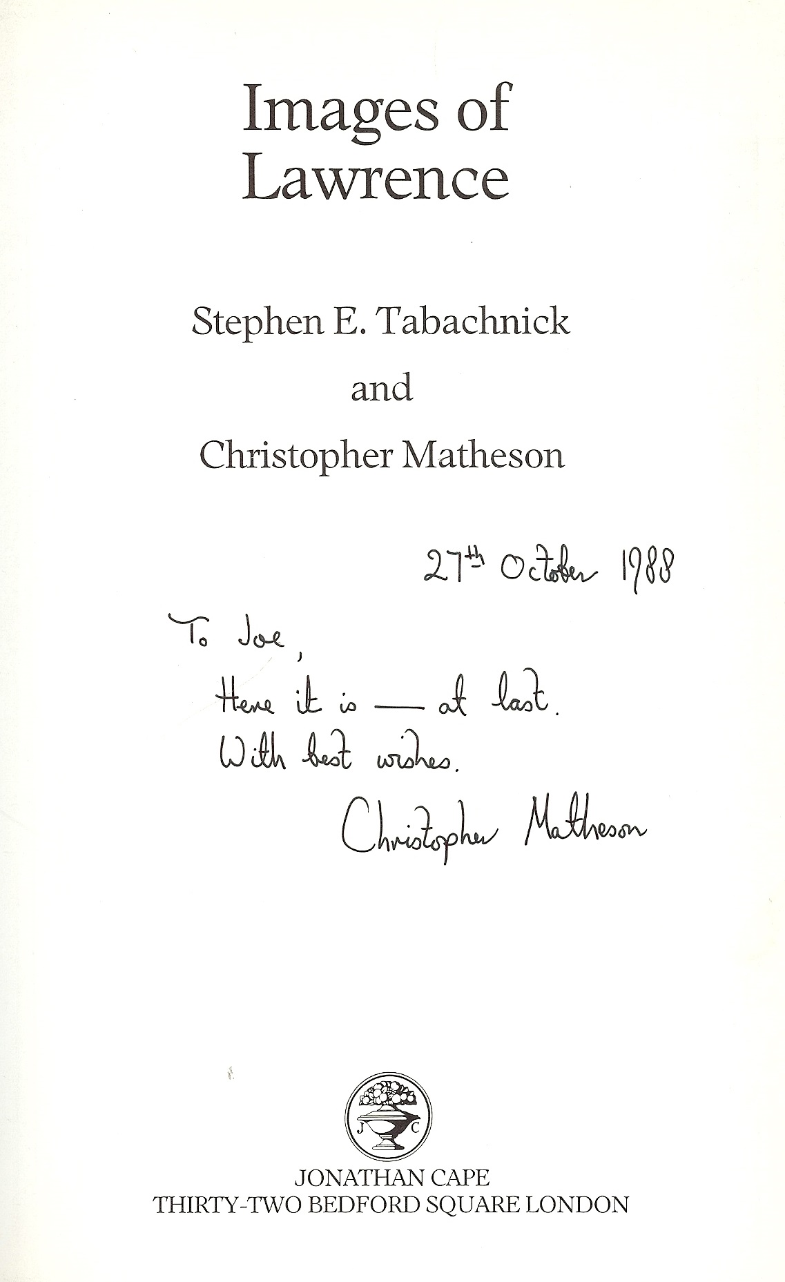 IMAGES OF LAWRENCE von TABACHNICK, Stephen E.: (1988) Signed by Author ...