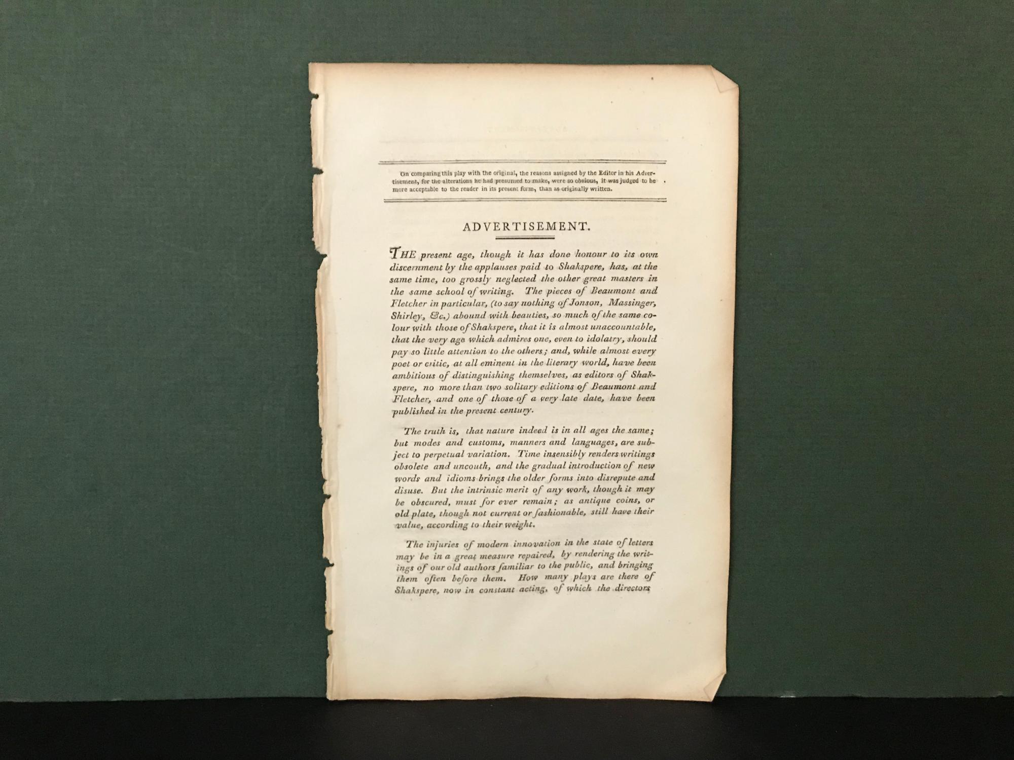 SINGLE LEAF from: Philaster: A Tragedy, as Altered from Beaumont and ...