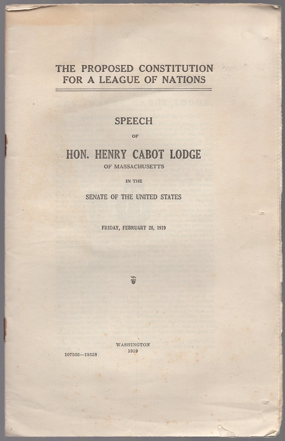 The Proposed Constitution for a League of Nations. Speech of Hon. Henry ...