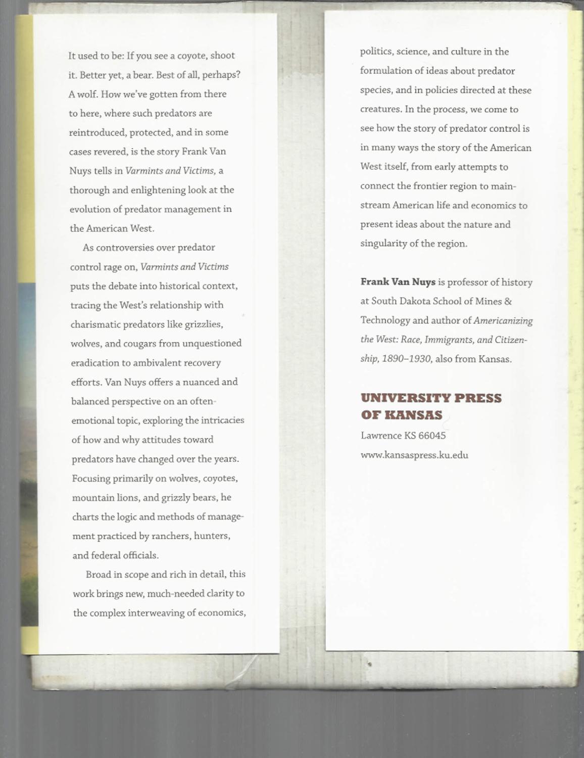 VARMINTS AND VICTIMS: Predator Control In The American West by Van Nuys ...