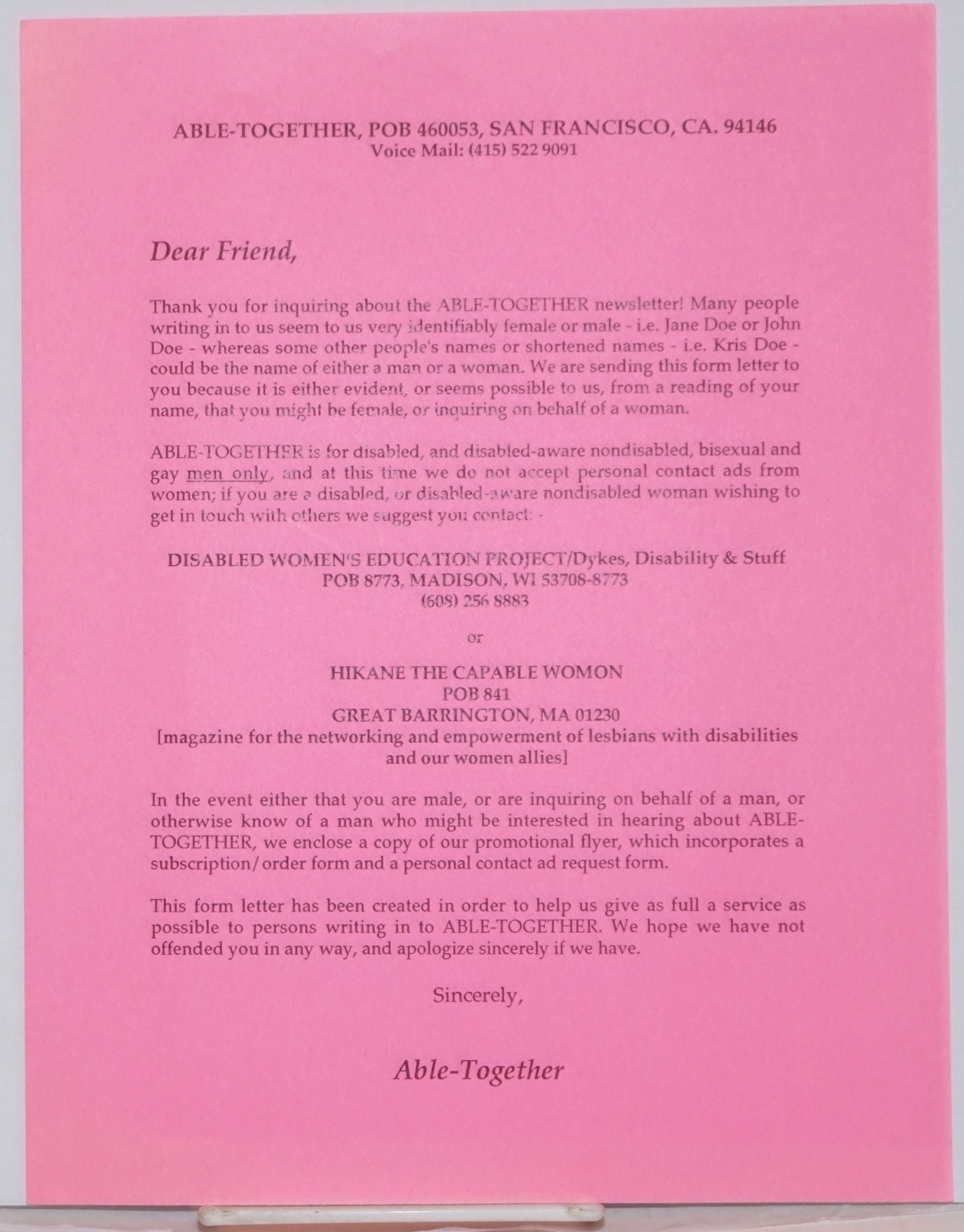Able-Together Open Form Letter [handbill]: (1980) Manuscript / Paper Collectible | Bolerium ...