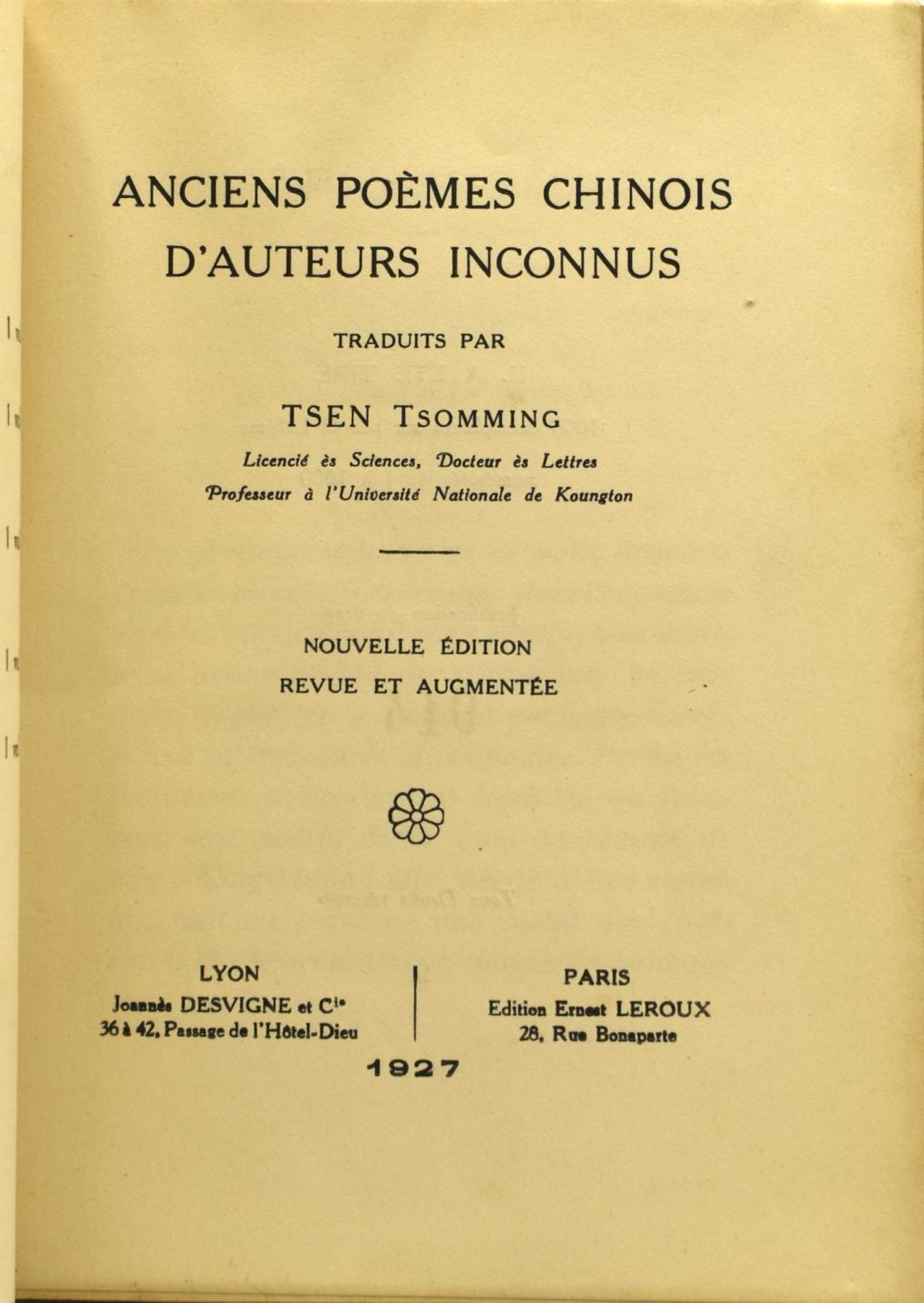 ANCIENS POEMES CHINOIS D'AUTEURS INCONNUS, TRADUITS PAR TSEN TSOMMING ...