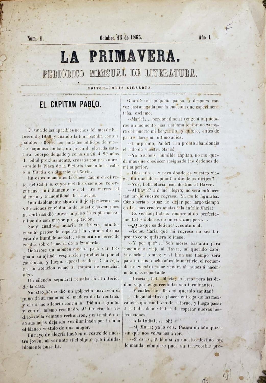La Primavera Periódico mensual de literatura by Tomás Giraldez (Dir ...