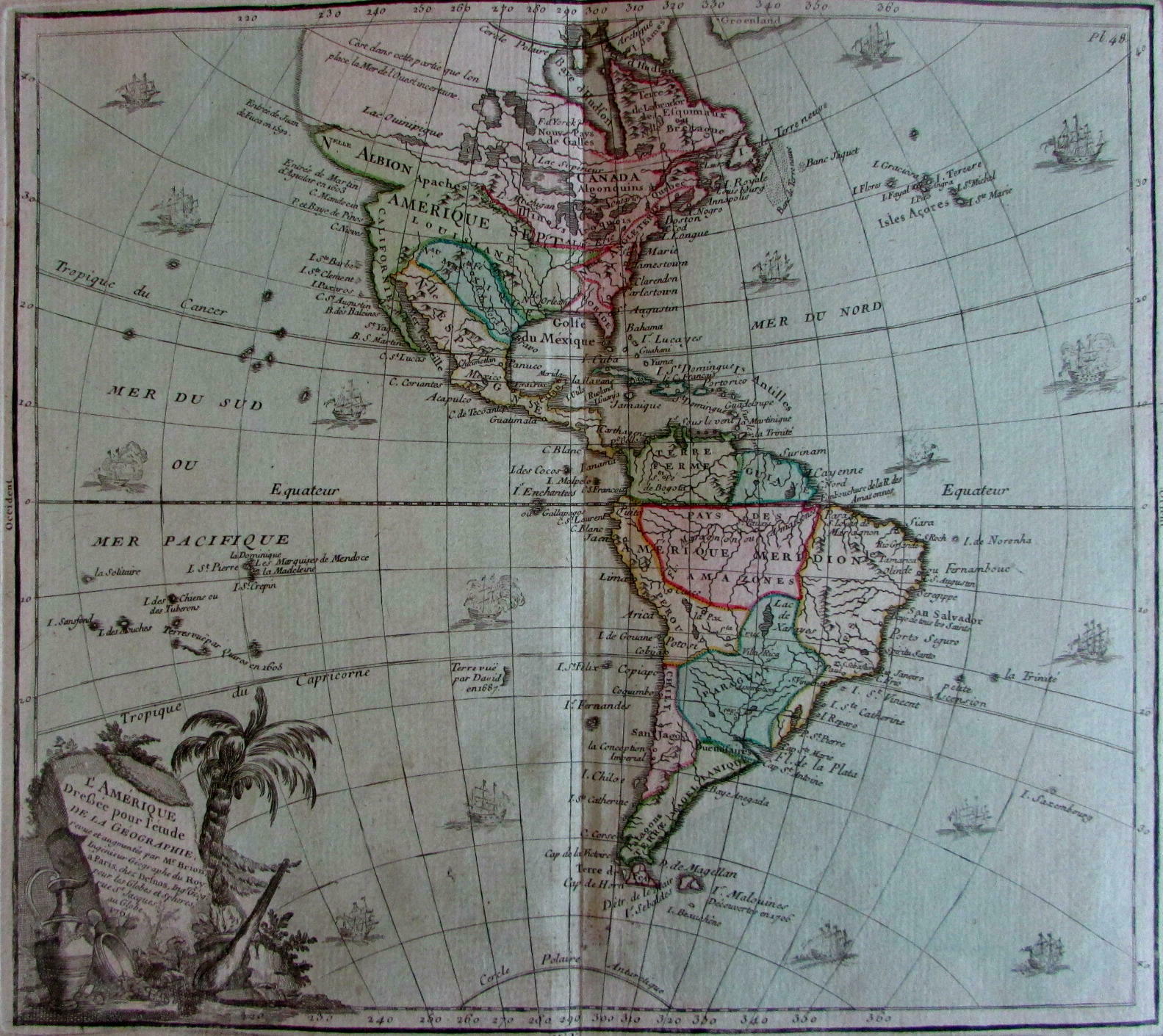 Americas distorted coast shape above California 1764 Brion Desnos tall ...