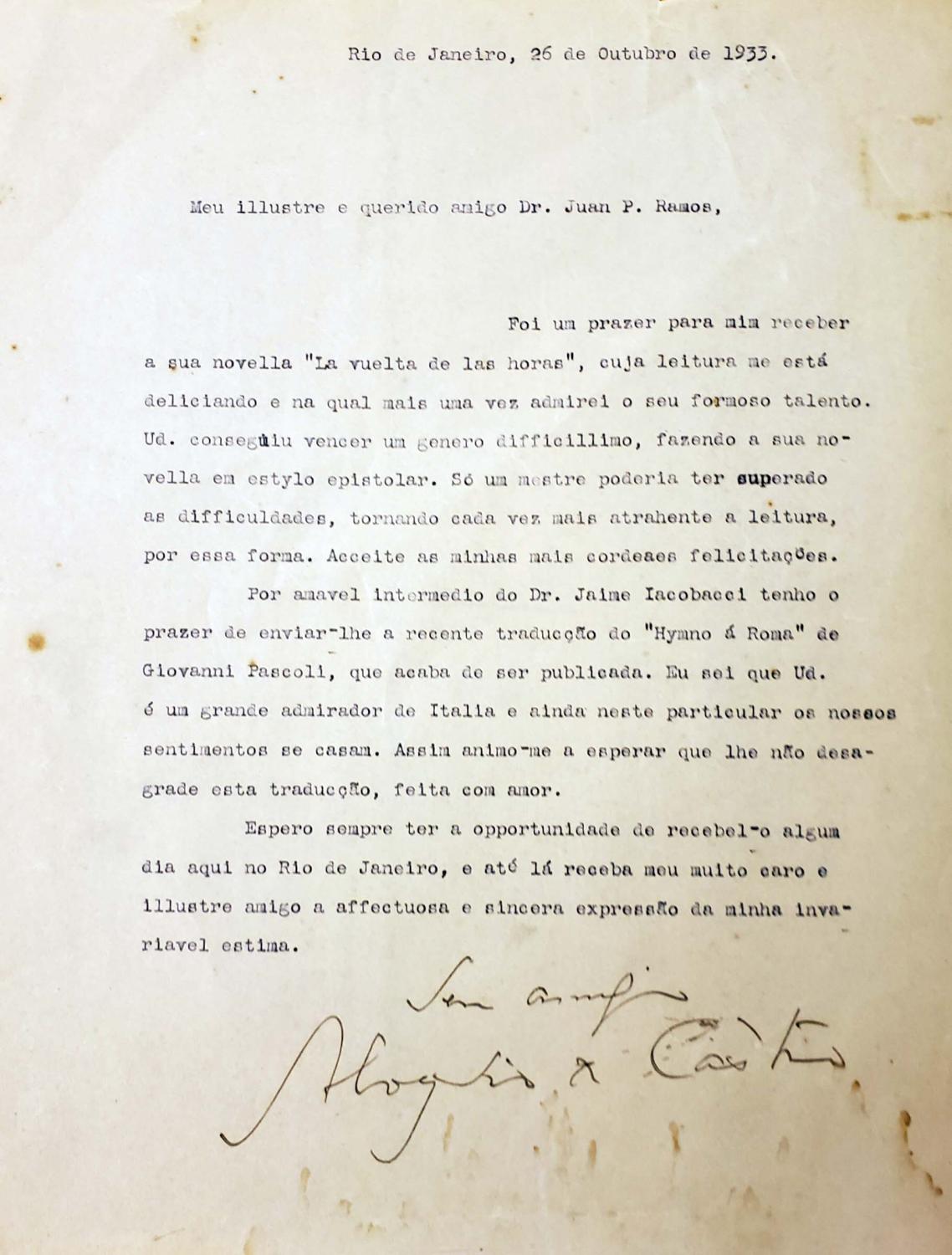 Typewritten and signed letter to Juan P. Ramos Signed. by Aloysio de ...