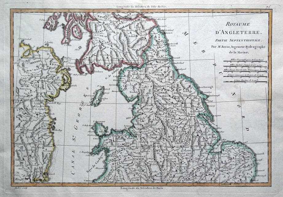 Antique Map NORTHERN ENGLAND, UK, BRITAIN, Rigobert Bonne, original ...