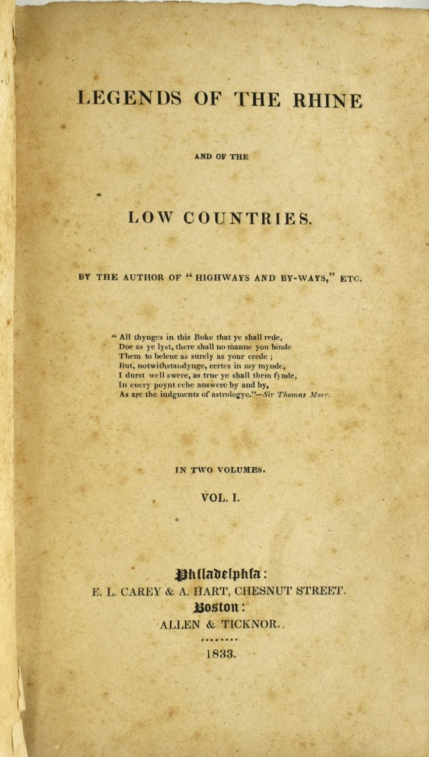 FOLKLORE & MYTHOLOGY] LEGENDS OF THE RHINE AND OF THE LOW COUNTRIES ...