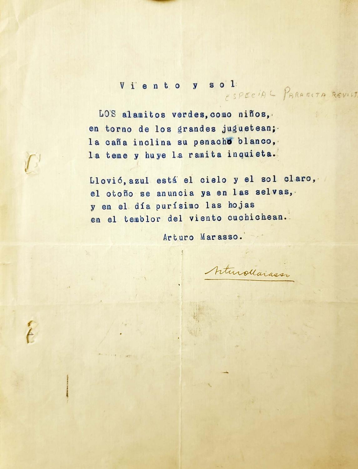 Five Manuscript letters & Typewritten poem signed by Arturo Marasso ...