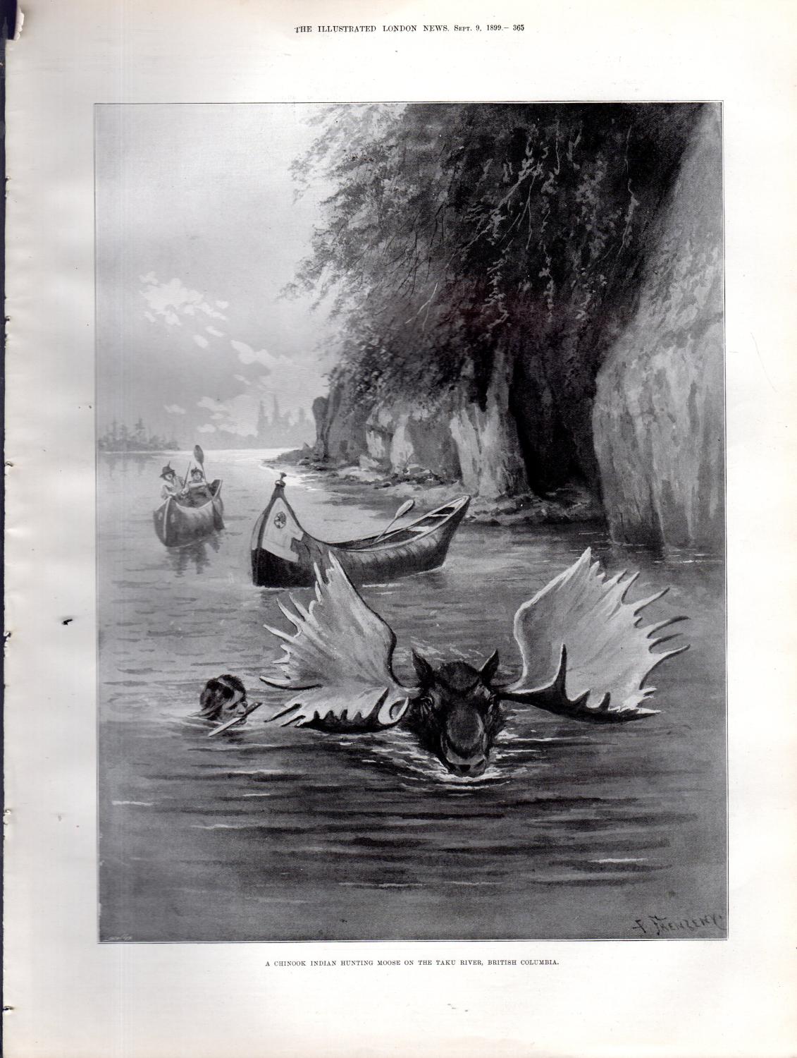 ENGRAVING: "A Chinook Indian Hunting moose on the Taku River, British ...