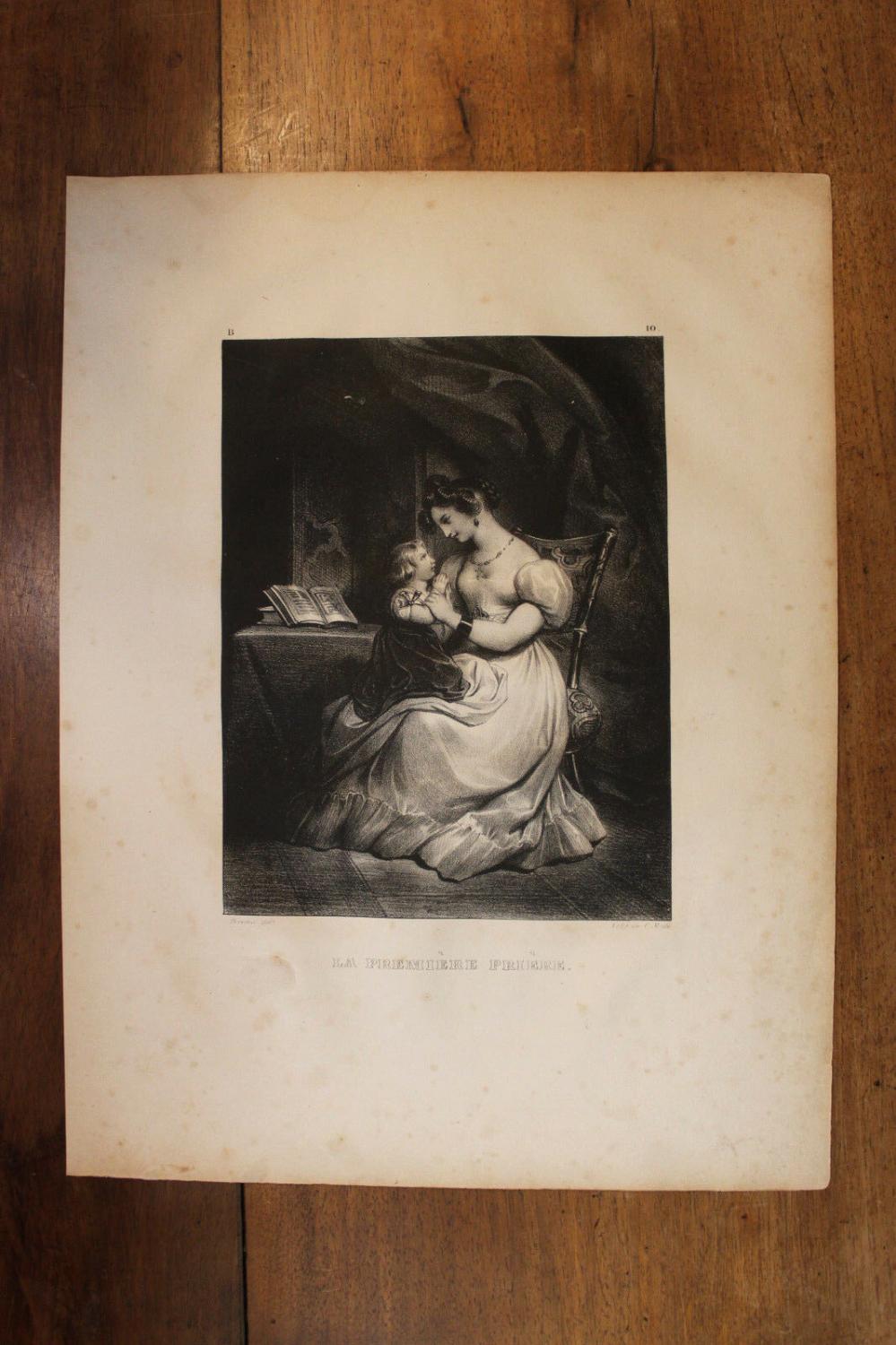 Lithographie Originale La Première Prière Romantisme Femme Et Son