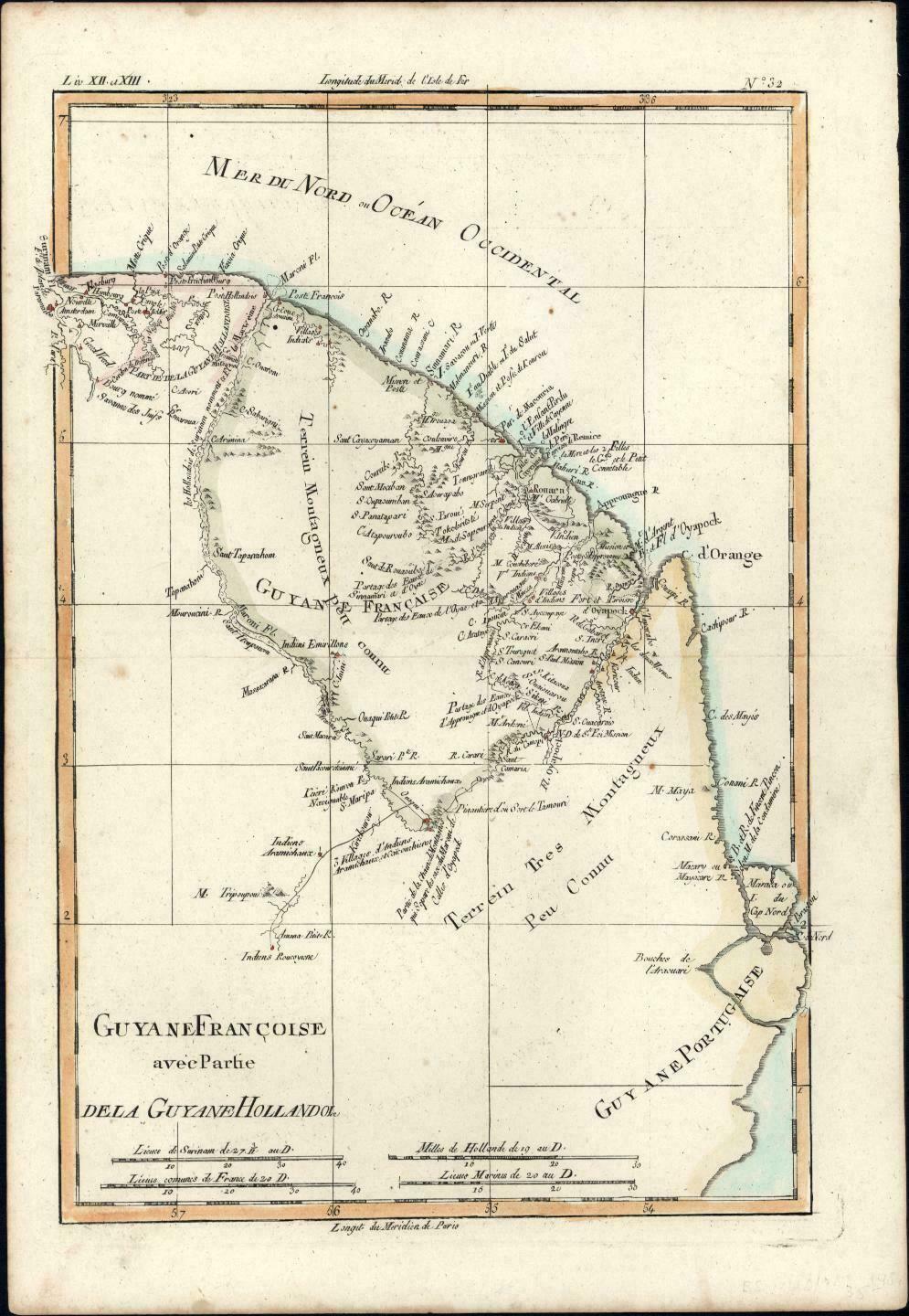 Dutch French Guiana Guyana coast Brazil South America c.1780 Bonne map ...