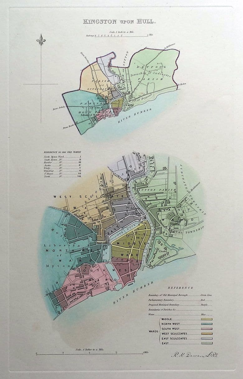 Antique Map HULL, KINGSTON upon HULL,Yorkshire,Street Plan, Dawson ...