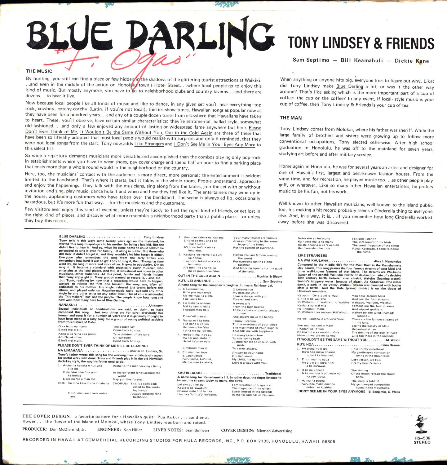 Blue Darling (VINYL HAWAIIAN MUSIC LP) by Tony Lindsey & Friends ...