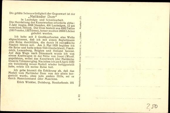 Ansichtskarte / Postkarte Modell des Mailänder Doms, Laubsäge- und ...