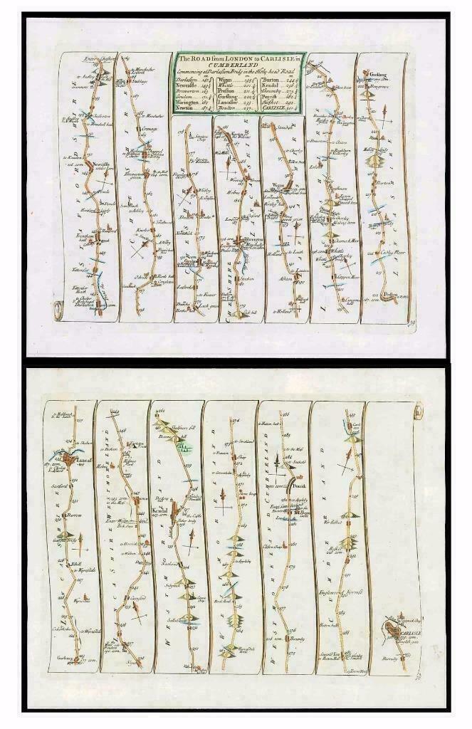 1719 - TWO Antique Road Maps LONDON to CARLISLE Cumberland Staffs ...