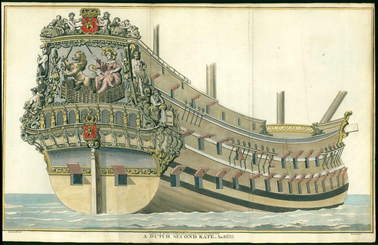 1801 ORIGINAL Antique Print - DUTCH SECOND RATE 1670 Battle Navy Ship ...