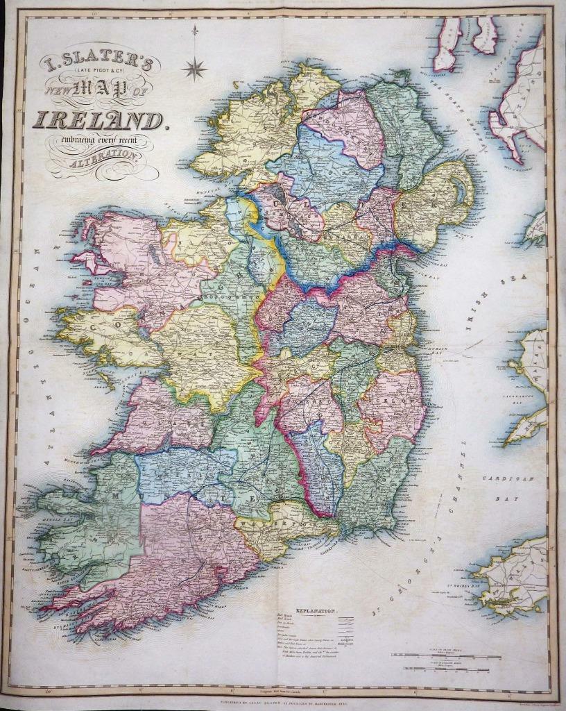 1845 Very Large Original Antique Map - I SLATER'S NEW MAP OF IRELAND ...