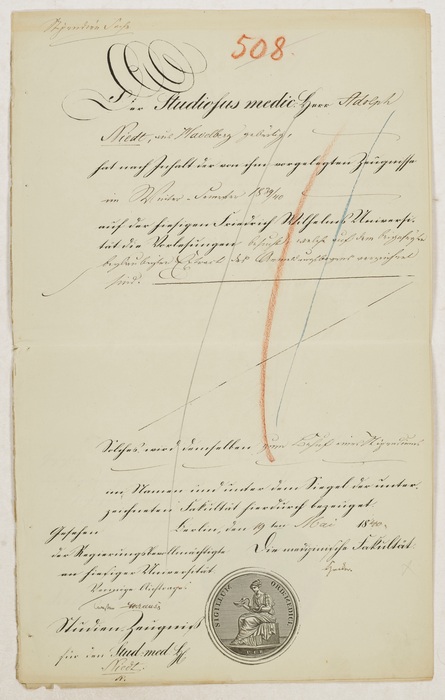 DS - Studien-Zeugnis mit eigenhändiger Unterschrift. by Hecker, Justus ...