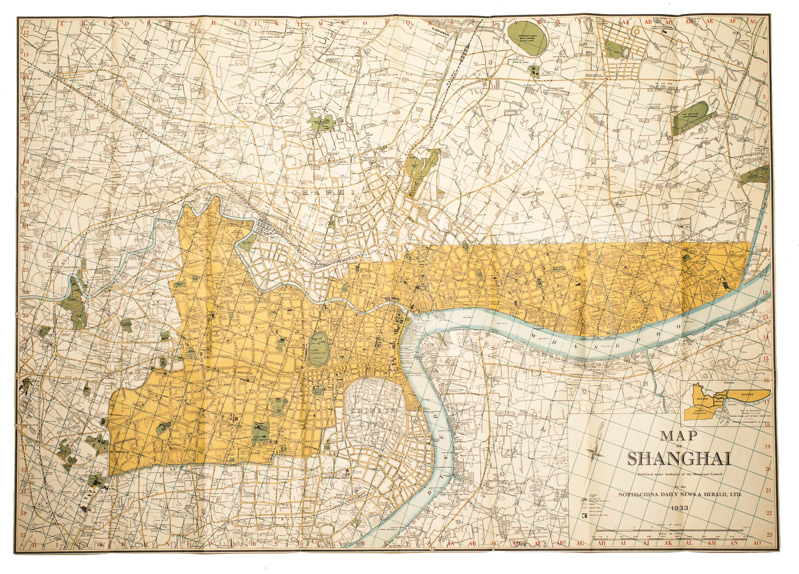Map of Shanghai - Carte dépliante en couleurs de ANONYME: (1933) Arte / Grabado / Póster ...
