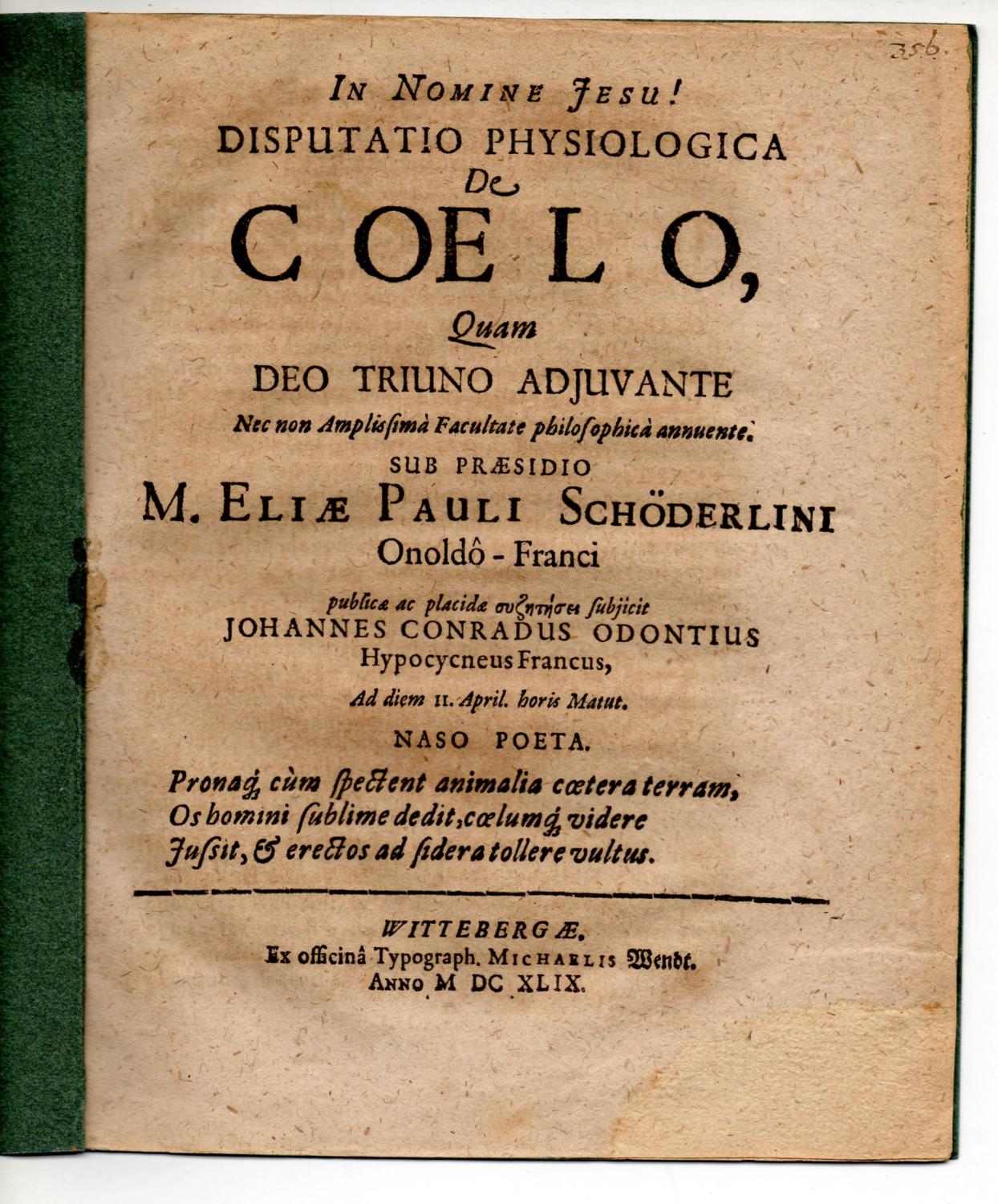 Disputatio Physiologica De Coelo. by Odontius, Johann Conrad: gut ...